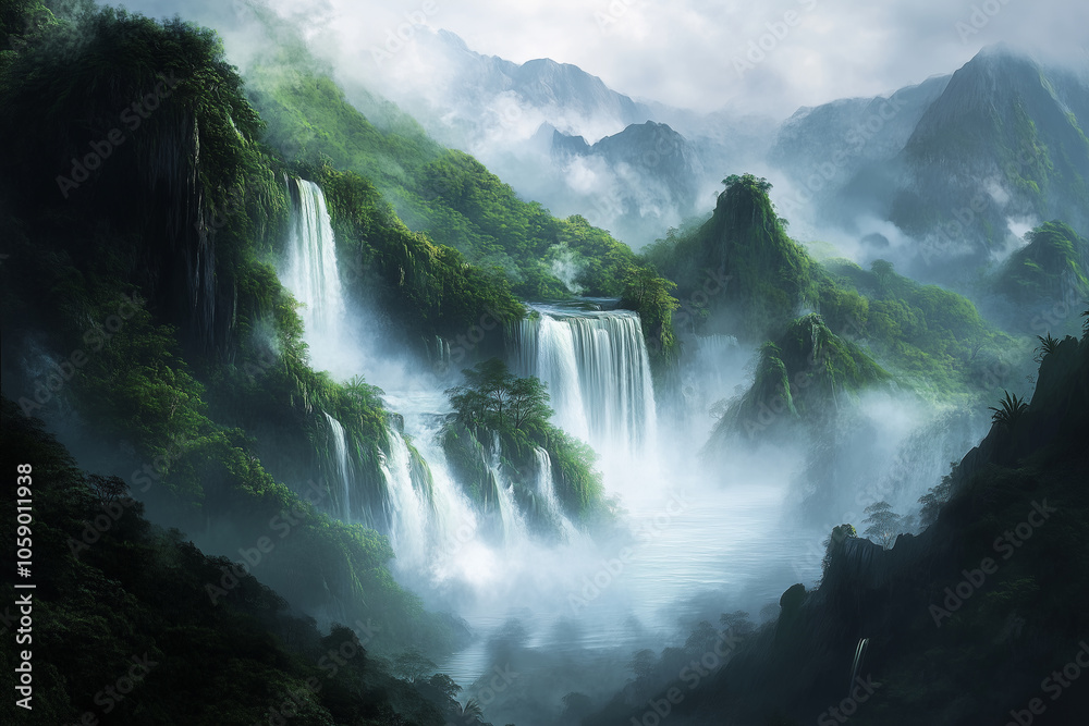 Cascading waterfalls meander through green mountain mist from waters ...