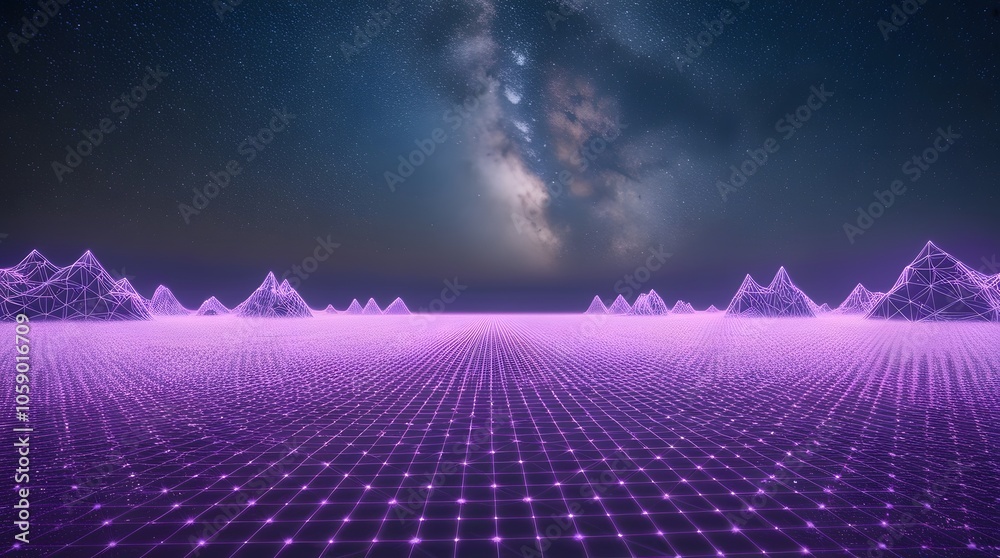 high-contrast professional photograph of a Retro Sci-Fi Grid Landscape ...