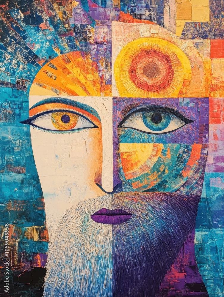 Face in geometric patterns with vibrant colors, split between sun and ...