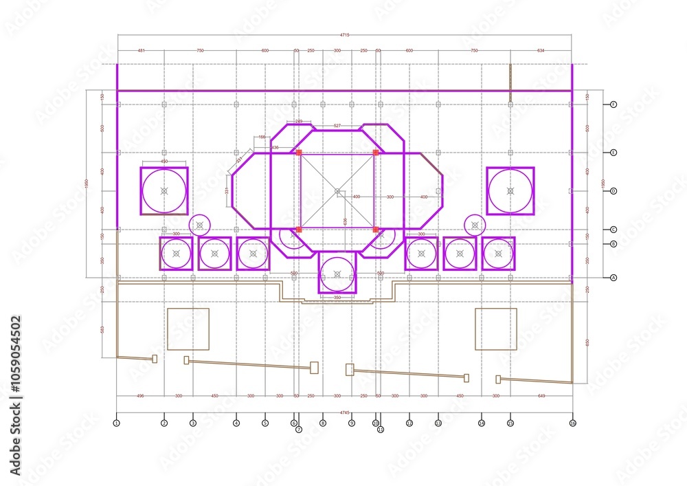 2D top view floor plan of a dome-roof structure with detailed notations ...