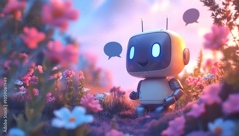 Graphic showing a friendly chatbot in a vibrant environment, with ...
