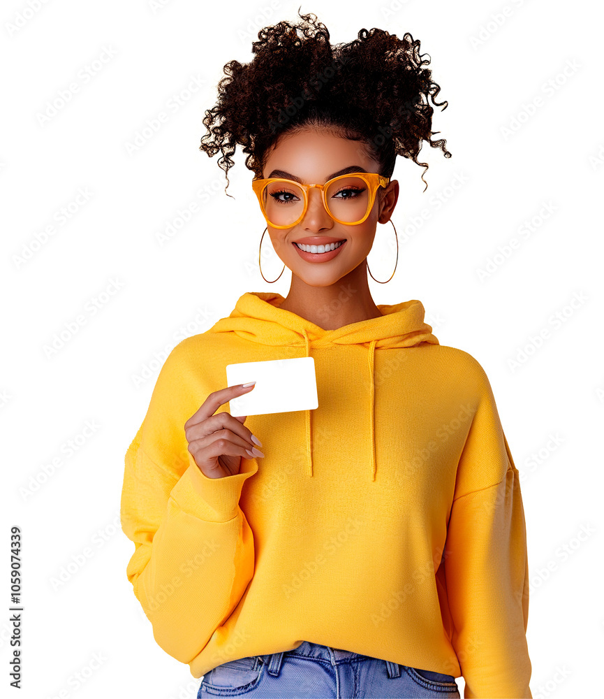 Happy latin young woman in bright glasses smiling and holding bank card ...