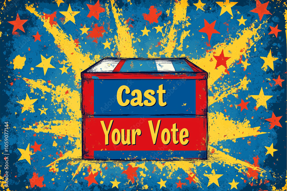 Simple, clean design of a ballot box with stars and stripes, labeled ...