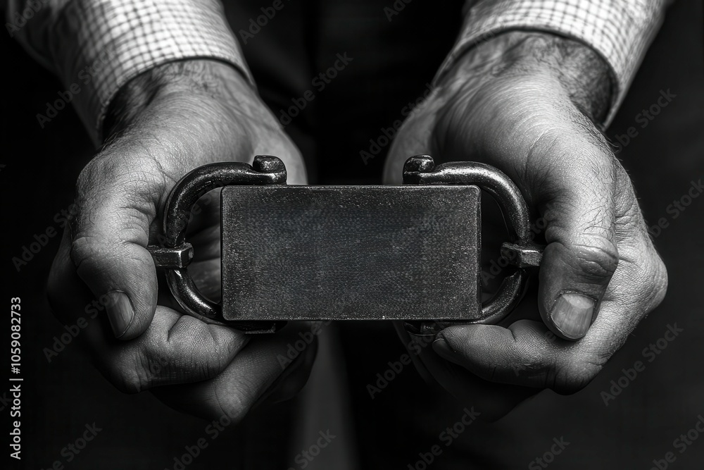 Two hands breaking free from a pair of handcuffs, one hand holding a ...
