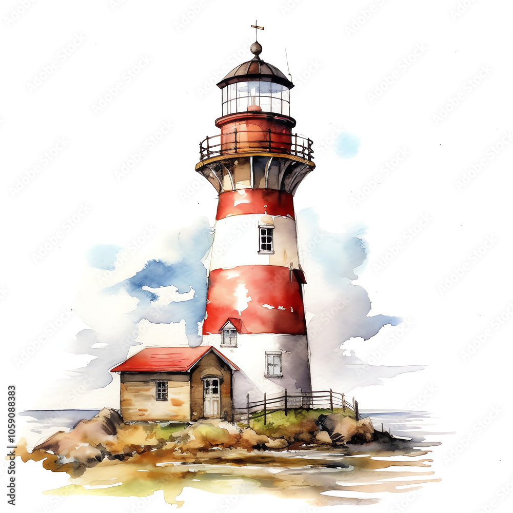 Watercolor Lighthouse Clipart on a isolated background, holiday ...