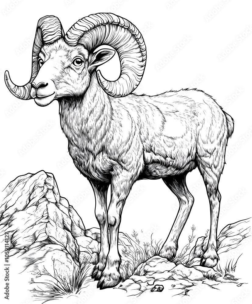 cute bighorn sheep in the mountains, a simple coloring page for kids ...