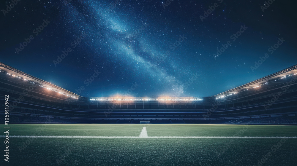 Photograph a quiet soccer stadium under a clear, starry sky, with the ...