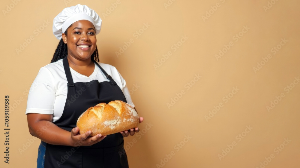 African american smiling curly plump woman baker in uniform, big fresh ...