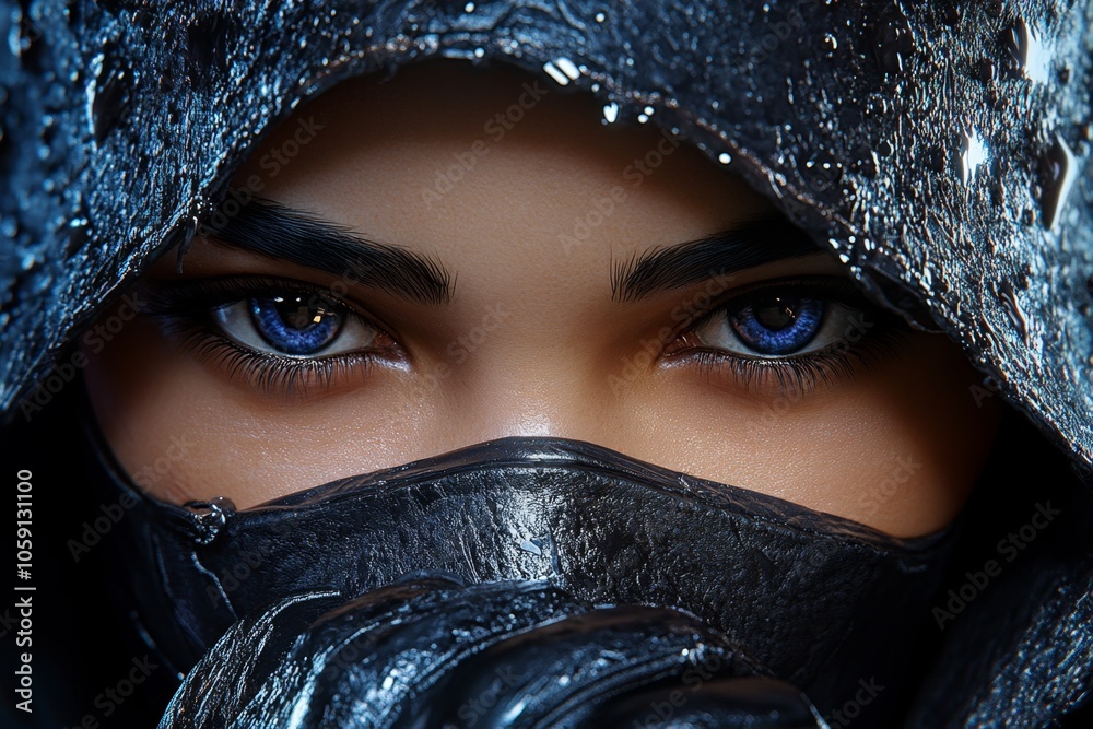 Assassin removing a hood under dim light, with serious expression and ...