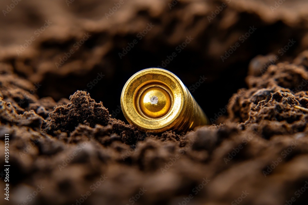 Bullet casing partially buried in dirt at an outdoor range, with worn surface and soft light ...