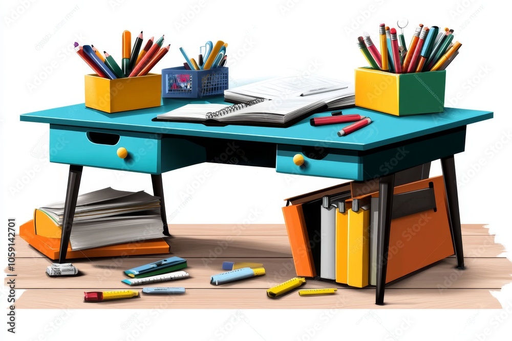 a 2D cartoon illustration of a classroom desk filled with school ...