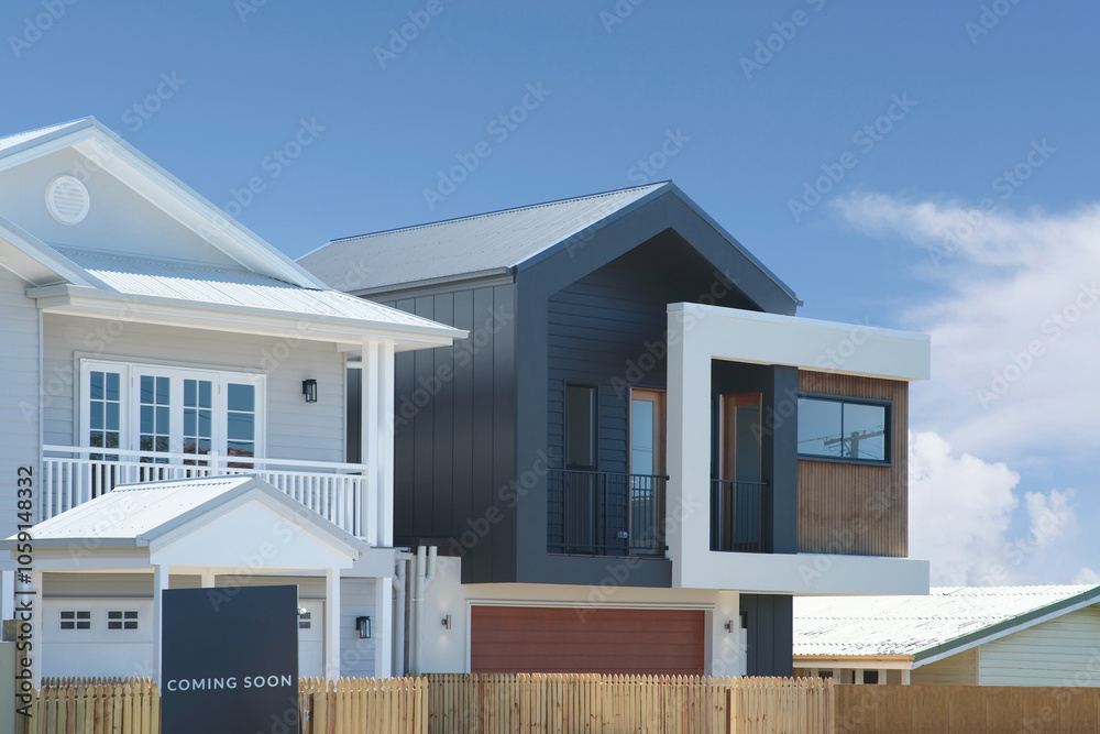 two storey design of a modern house with coming soon sign Stock Photo ...
