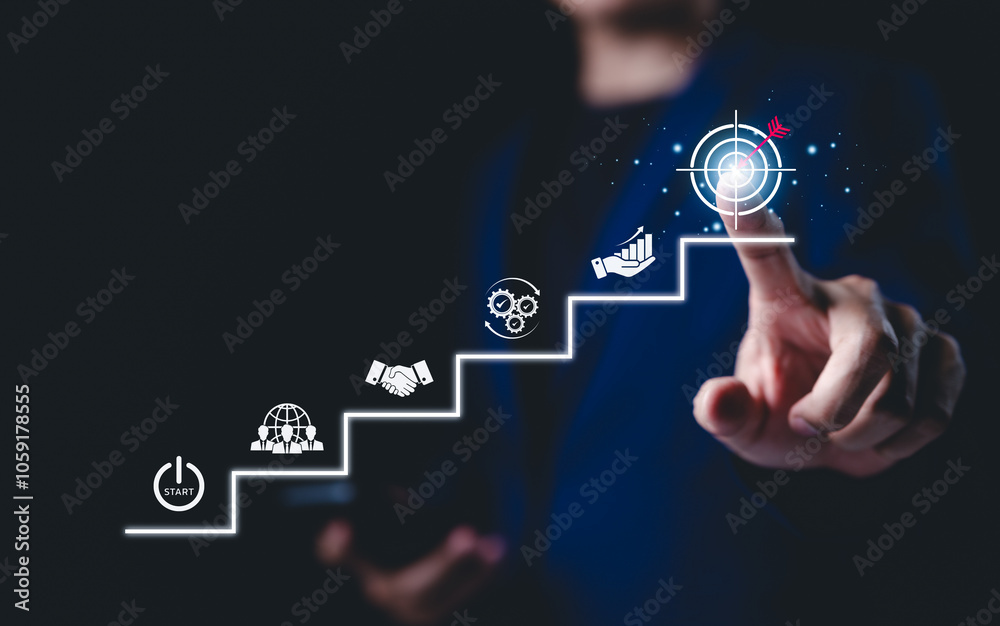 Business Growth and Success Strategy Concept. Businessman points at ...