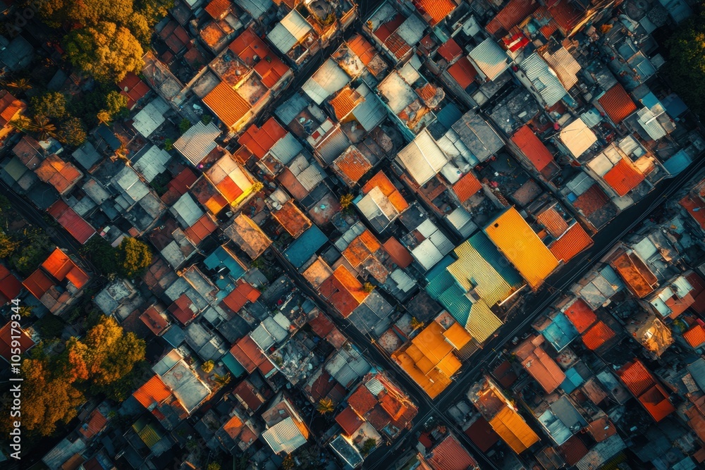 Overhead view of a densely populated urban area with colorful rooftops ...