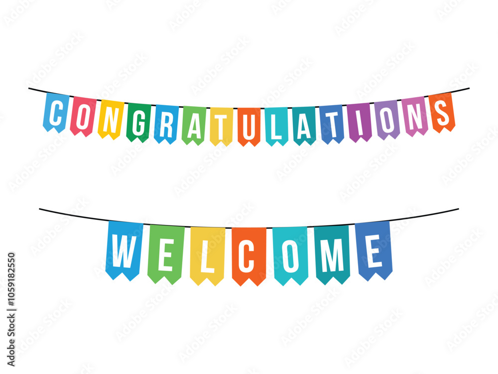 welcome, congratulations banner party flags with confetti design vector on transparent ...