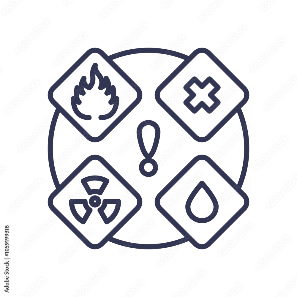 Symbols for fire, health, radiation, and water hazards with an ...