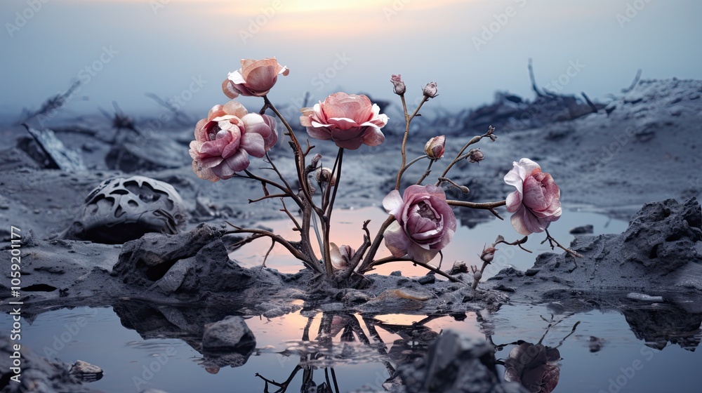 Visualize a surreal landscape where withered flowers bloom in a ...