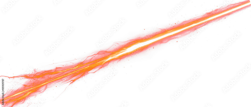 Red laser beam with sparks flying across isolate on transparent ...