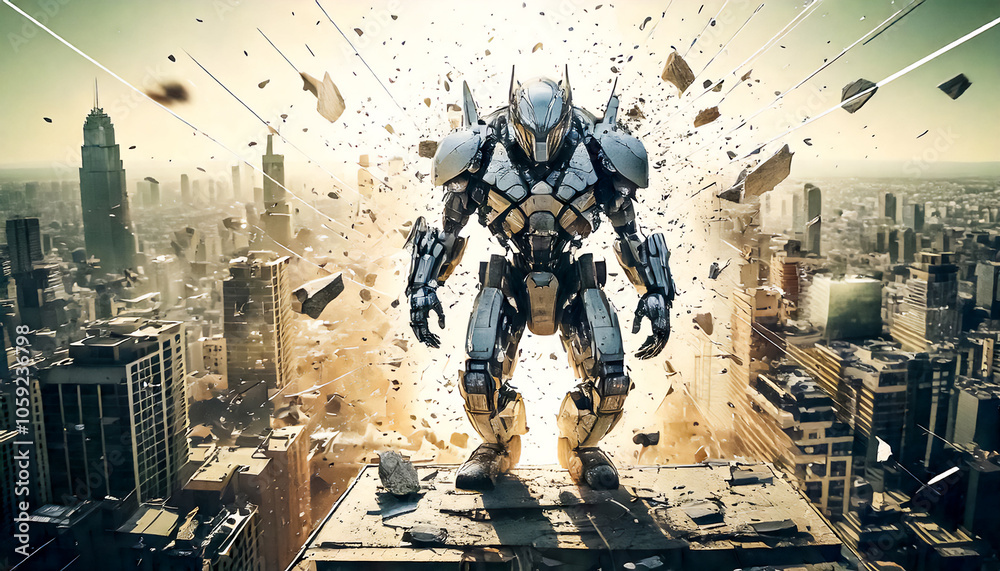 Alien attack on cities, alien, robot in armored space suit in action on ...