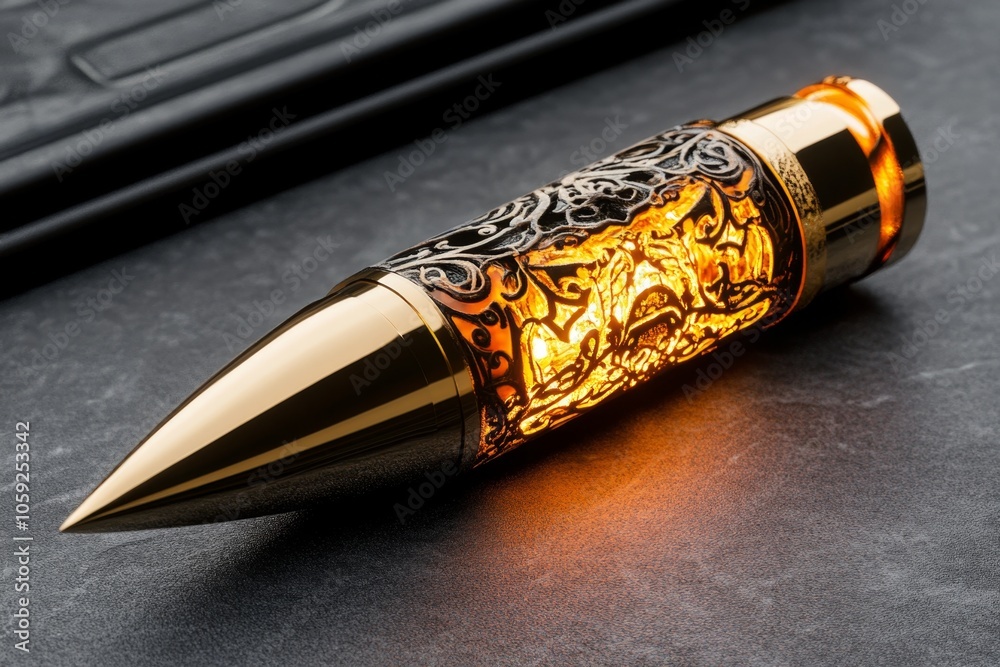 Ornate, magical bullet with an illuminated core and unique engravings ...
