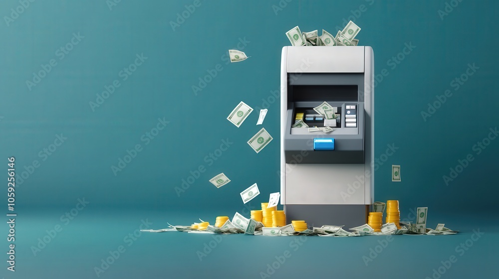 Automated teller machine overflowing with cash and coins in a modern ...