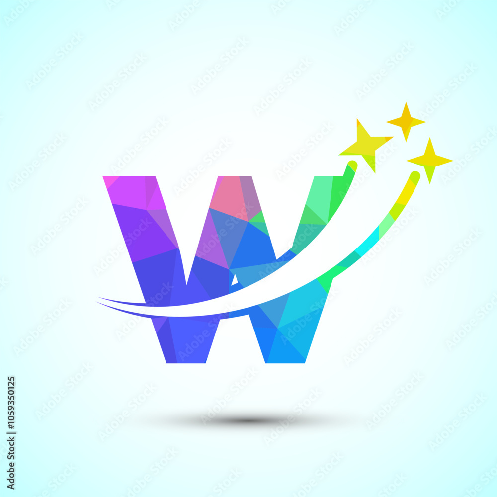 English alphabet W with swoosh and star sign. Shooting star logo design ...