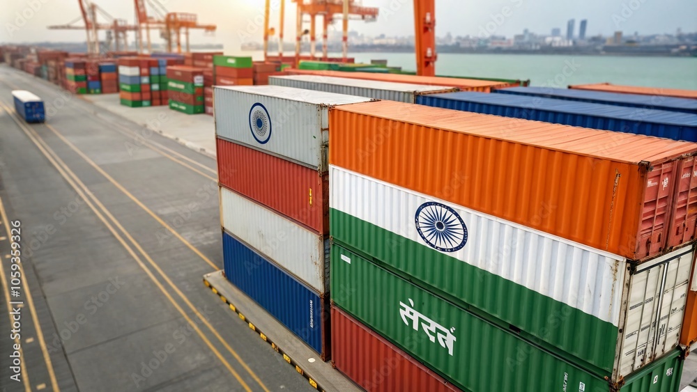 India Export Production and Import Cargo Containers with Indian Flag in ...