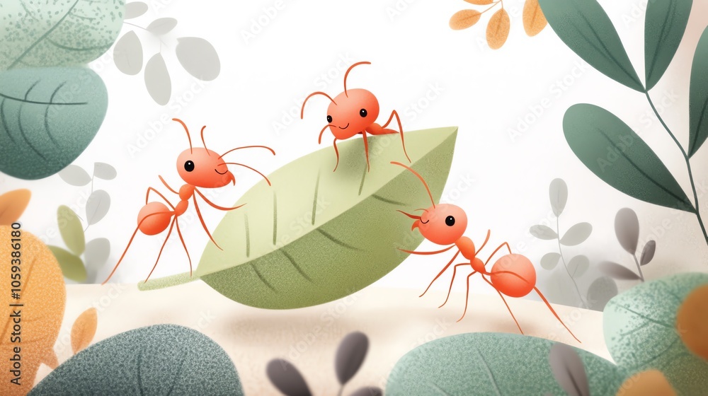 Cute illustration of ants working together to carry a leaf, surrounded ...