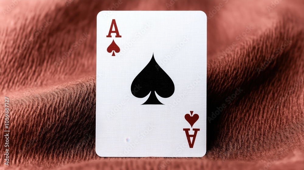 Ace of spades playing card placed upright on a textured, soft red ...