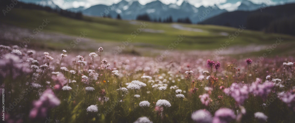 Panoramic view of wild flower field in wild with variable colors and ...