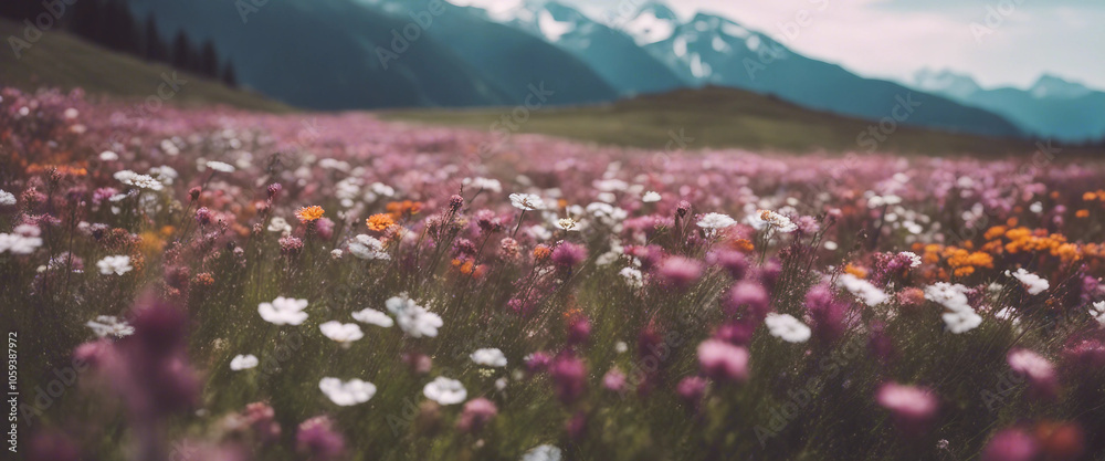 Panoramic view of wild flower field in wild with variable colors and ...