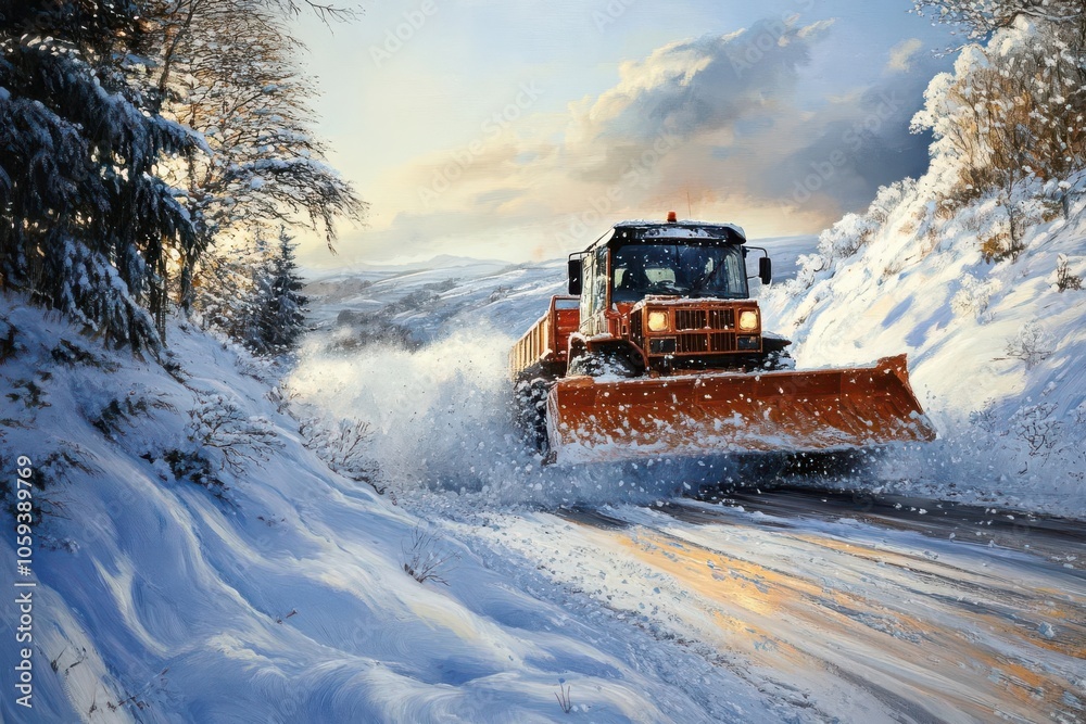 Snowplough clearing snow on steep hill road, winter storm aftermath ...