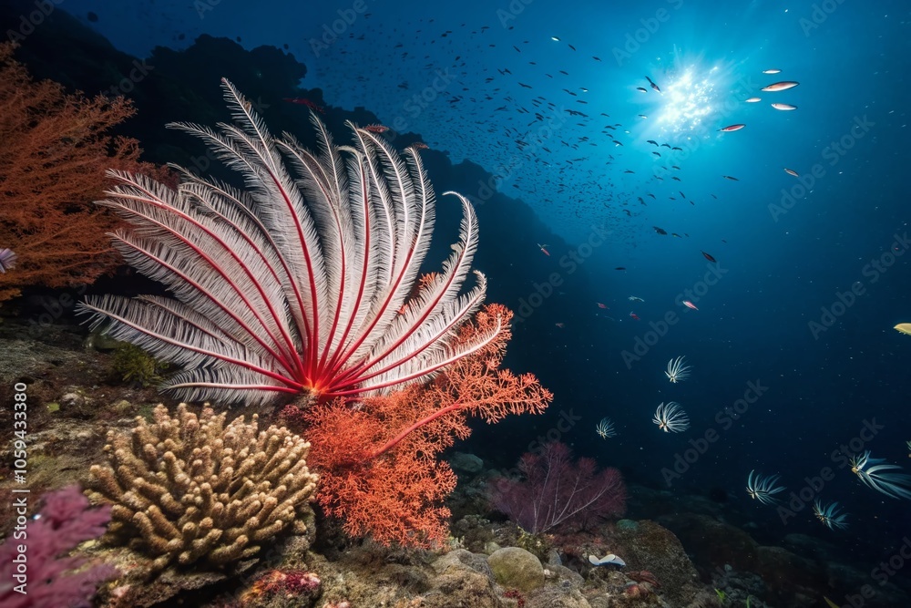 Stunning Night Photography of Red and White Feather Star in Underwater ...
