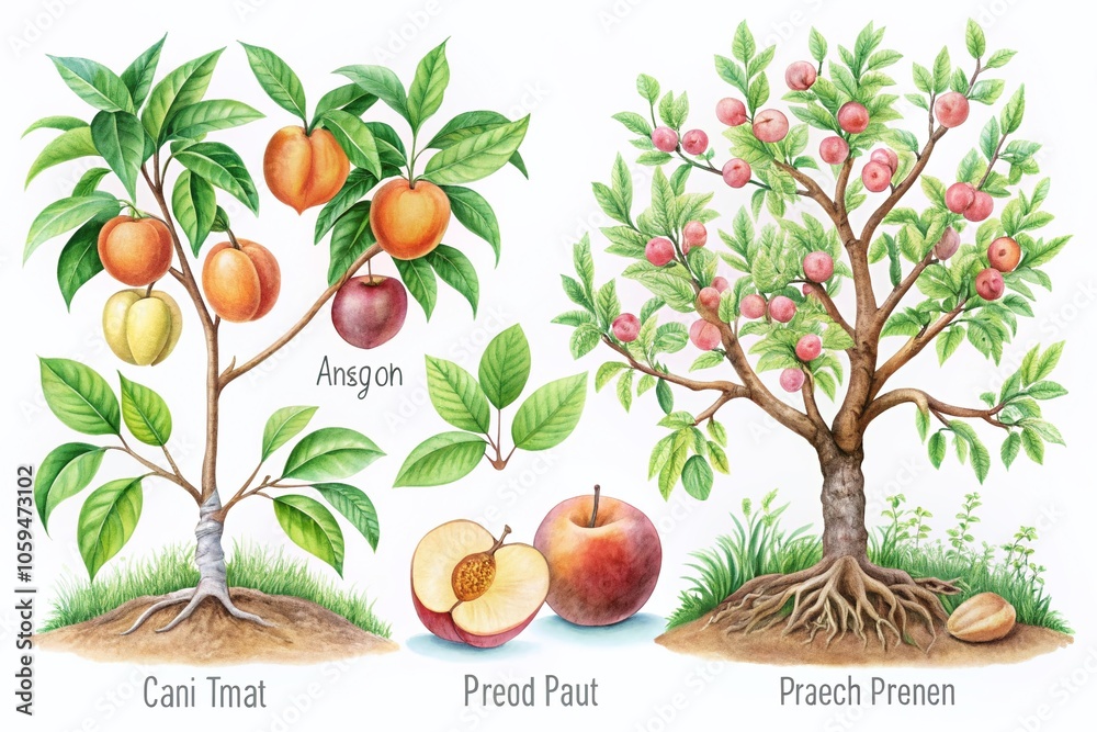 Watercolor Peach Tree Growth Stages Illustration - Beautiful Fruit ...