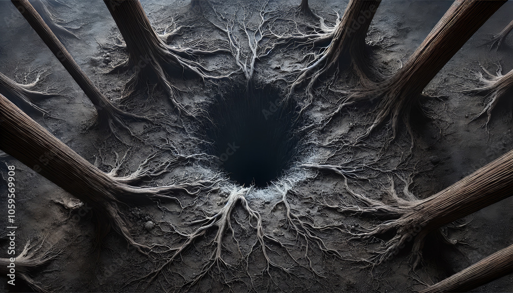 Picture of a mysterious forest vortex with tree roots and dark h Stock ...