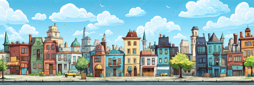 Fantasy Cartoon City Streetscape Background Panorama Concept Drawing ...