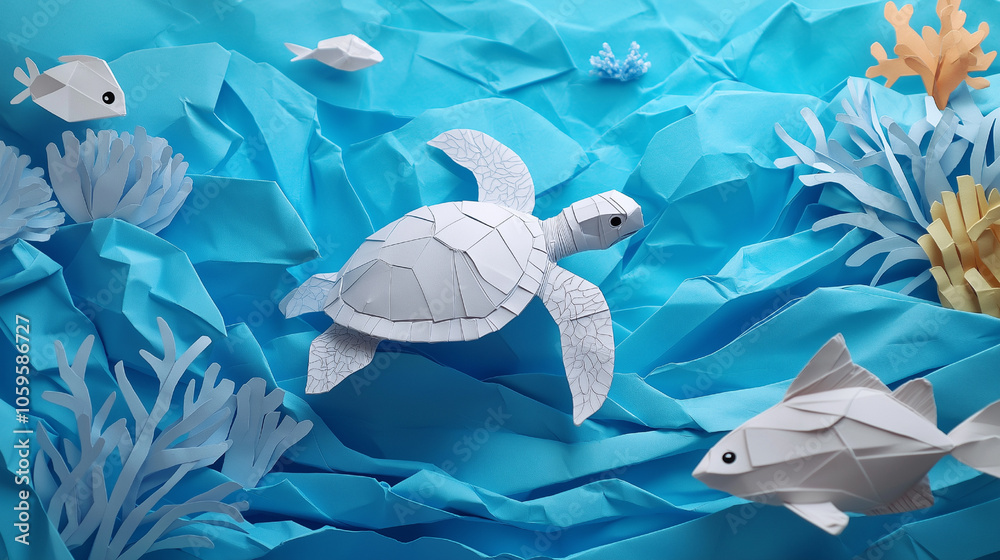 Artistic Origami Sea Turtle Swimming in Layered Blue Ocean Paper Scene ...