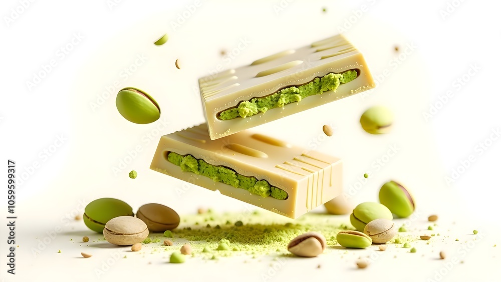 Levitation of Dubai chocolate bars with vibrant green pistachio paste ...