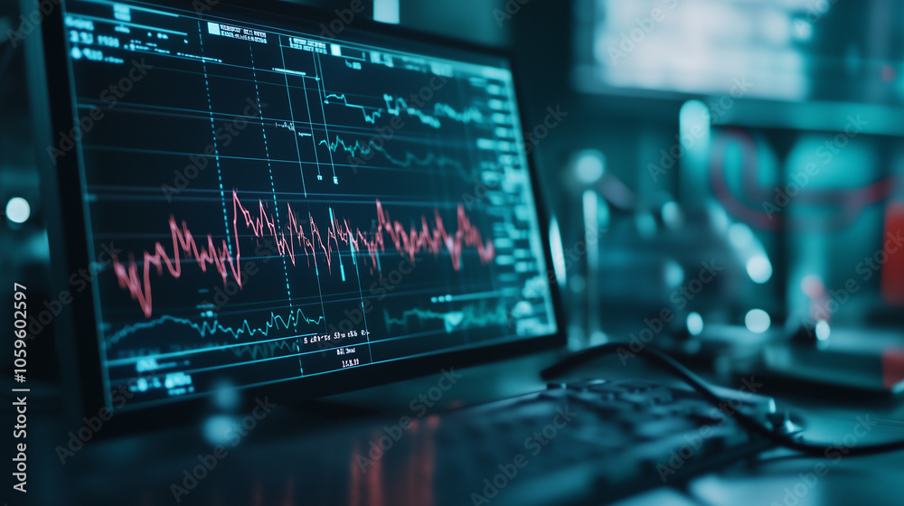 A modern seismograph set in a dimly lit laboratory, with sharp, precise ...
