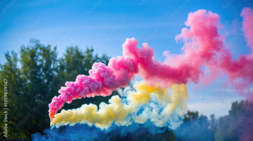 Colorful smoke bombs create vibrant clouds of pink and yellow against a ...
