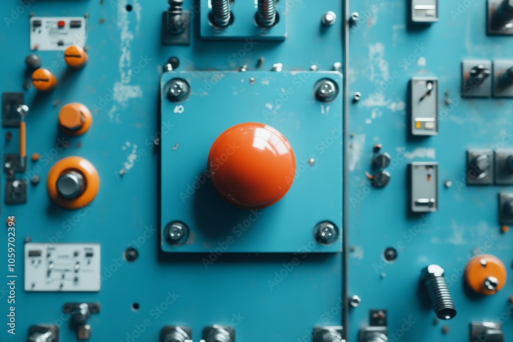 The image features a vintage control panel dominated by a prominent red ...