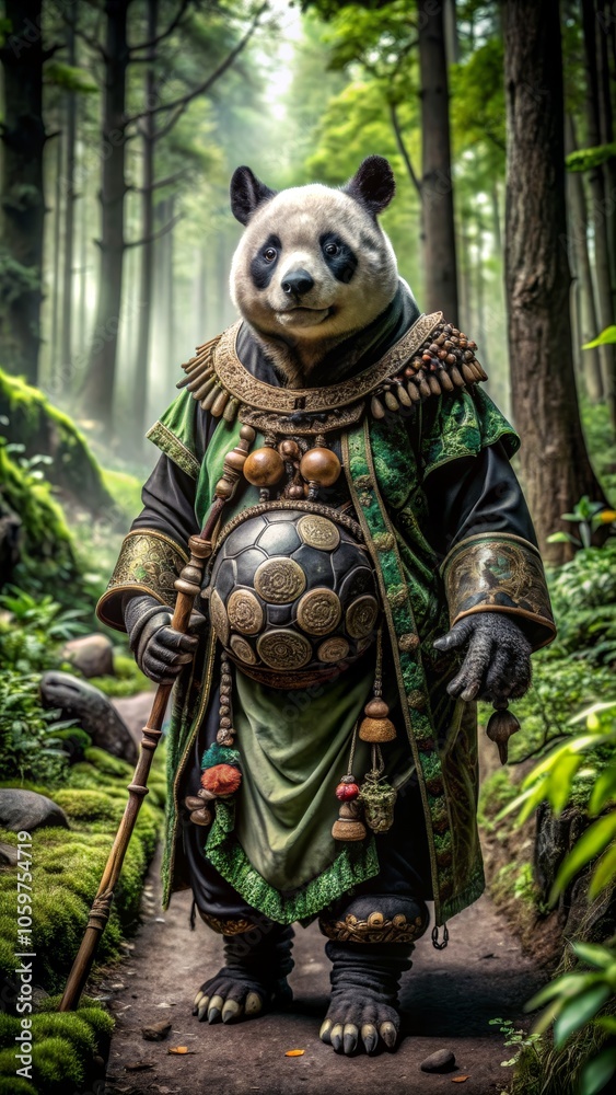 Fantasy panda monk in enchanted forest with mystic attire and staff ...