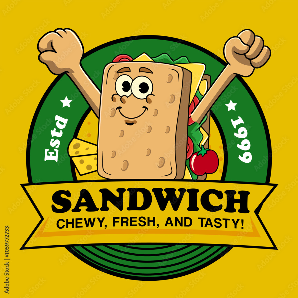 Cute Sandwich Food Retro 70s 80s Cartoon Character Mascot Vector ...