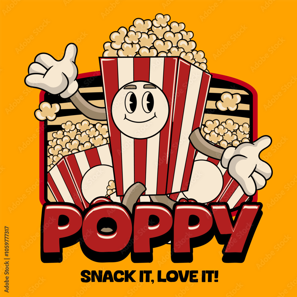 Cute Pop Corn Food Retro 70s 80s Cartoon Character Mascot Vector ...