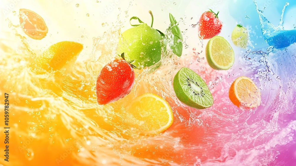 Colorful fruits exploding in mid-air with water splashes, fruits ...
