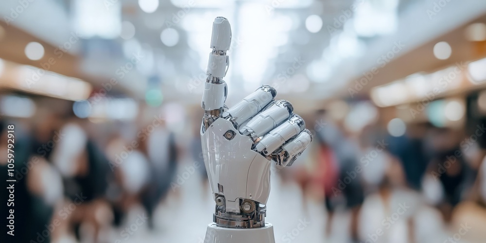 The image captures a sleek metallic robotic hand raised prominently in ...