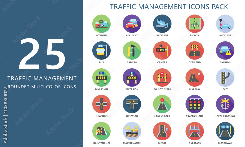 Traffic management rounded color icons set. contain accident, barricade ...