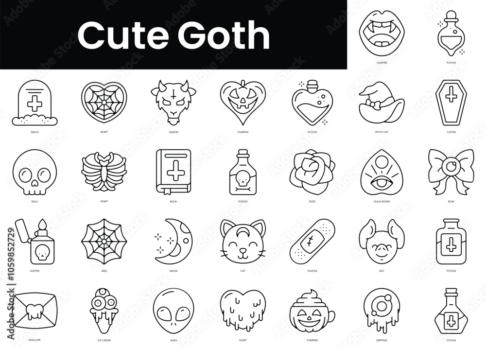 Set of outline cute goth icons. Minimalist thin linear web icons bundle ...