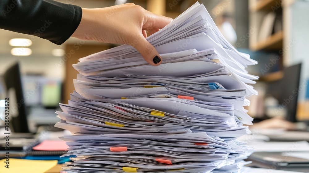 2410 22.A hand reaching for an overstuffed stack of papers on an office ...
