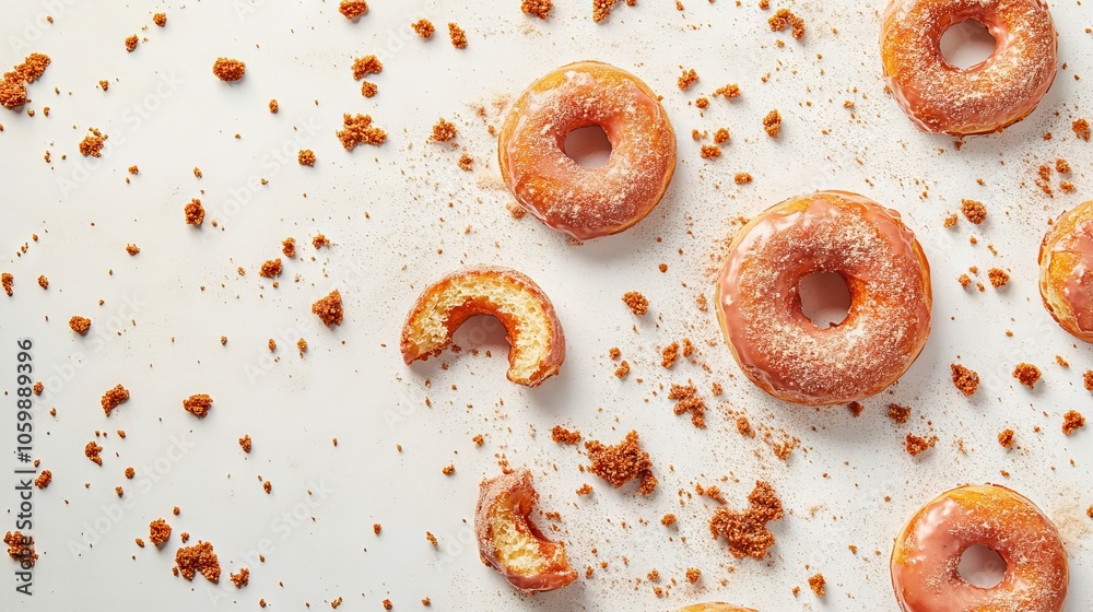 94.A top-view arrangement of donuts, one bitten and one halved ...